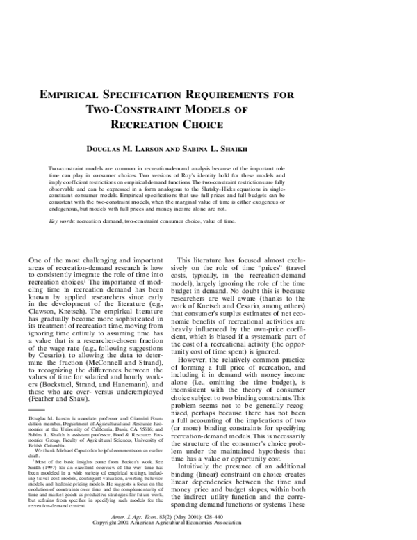 (PDF) Empirical Specification Requirements for Two‐Constraint Models of Recreation Choice