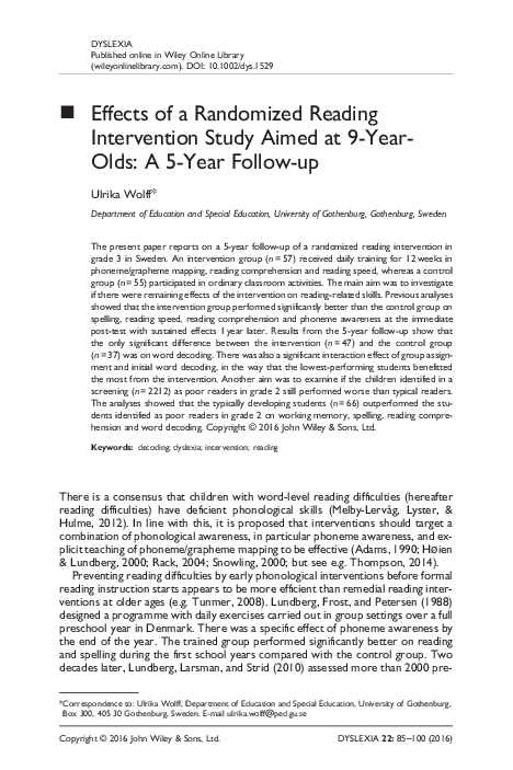 (PDF) Effects of a Randomized Reading Intervention Study Aimed at 9 ...