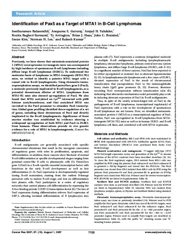 (PDF) Identification of Pax5 as a Target of MTA1 in B-Cell Lymphomas