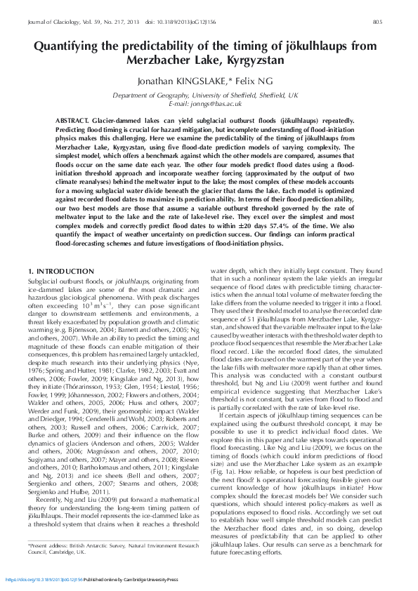 (PDF) Quantifying the predictability of the timing of jökulhlaups from Merzbacher Lake, Kyrgyzstan