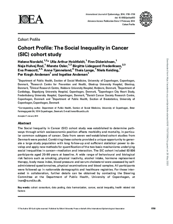 (PDF) Cohort Profile: The Social Inequality in Cancer (SIC) cohort study