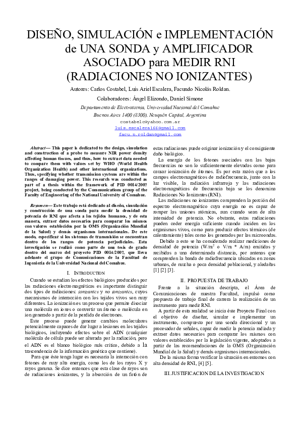 (PDF) Diseño, simulación e implementación de una sonda y amplificador asociado para medir RNI
