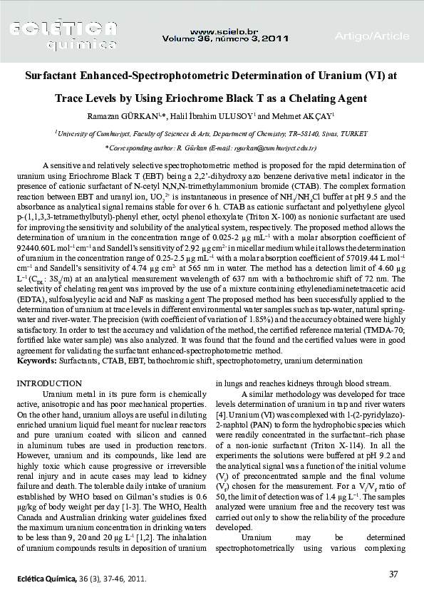 Pdf Surfactant Enhanced Spectrophotometric Determination Of Uranium Vi At Trace Levels By