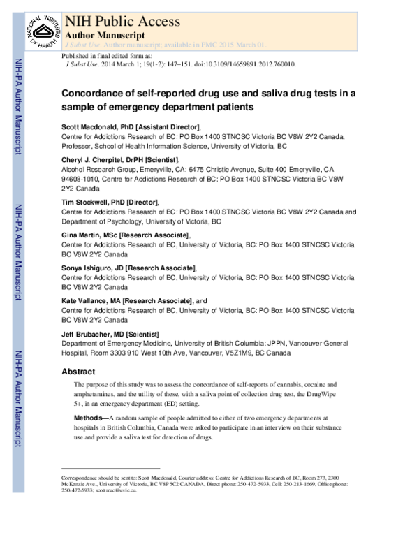 (PDF) Concordance of self-reported drug use and saliva drug tests in a ...
