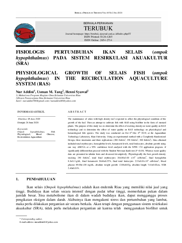 (PDF) FISIOLOGIS PERTUMBUHAN IKAN SELAIS (ompok hypophthalmus) PADA ...