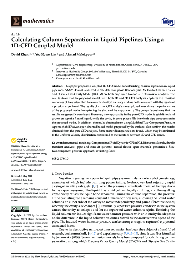(PDF) Calculating Column Separation in Liquid Pipelines Using a 1D-CFD ...