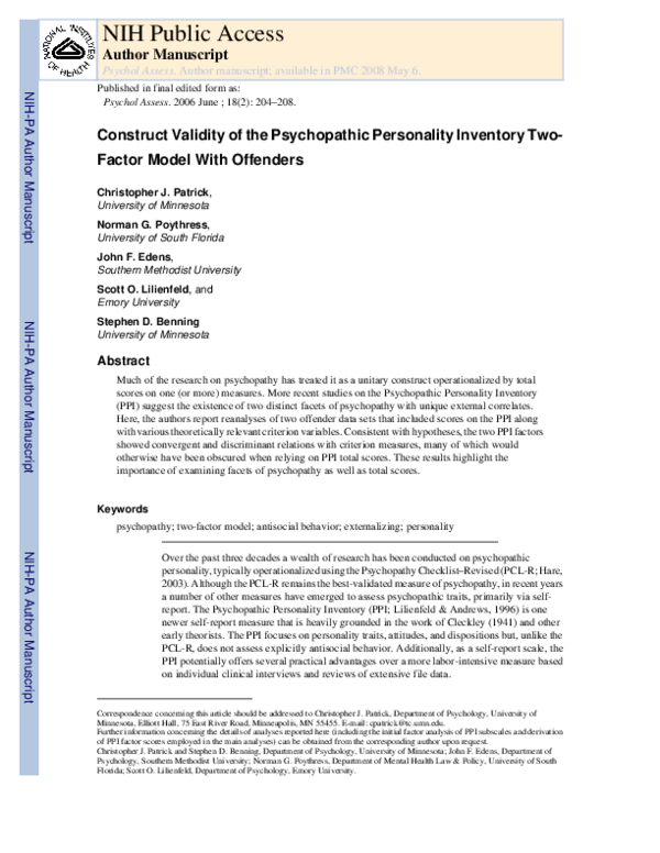 (PDF) Construct Validity of the Psychopathic Personality Inventory-Revised