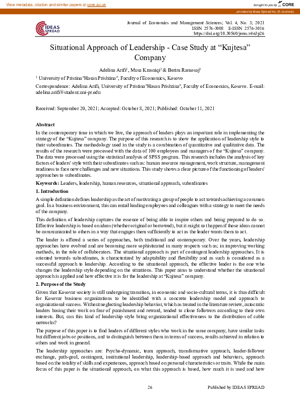 (PDF) Situational Approach of Leadership - Case Study at "Kujtesa" Company