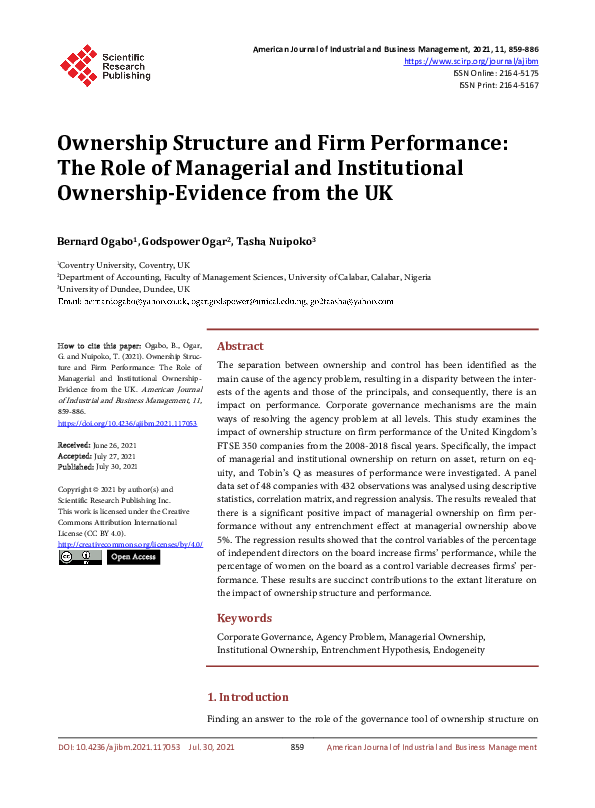 (PDF) Ownership Structure and Firm Performance: The Role of Managerial and Institutional ...
