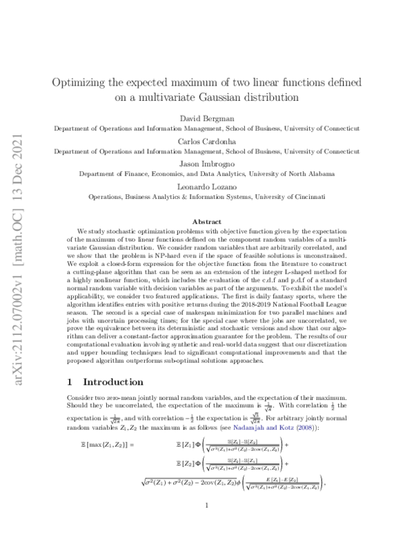 (PDF) Optimizing the expected maximum of two linear functions defined on a multivariate Gaussian ...