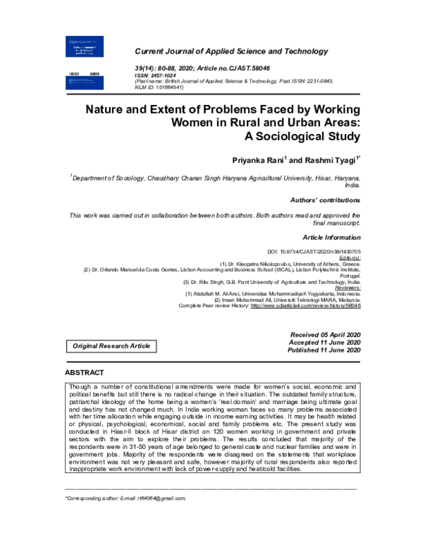 (PDF) Nature and Extent of Problems Faced by Working Women in Rural and ...