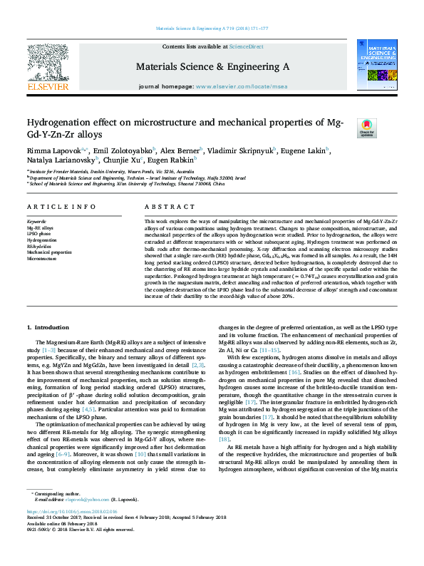 (PDF) Hydrogenation effect on microstructure and mechanical properties of Mg-Gd-Y-Zn-Zr alloys