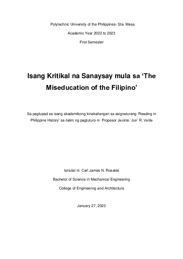(PDF) Isang Kritikal na Sanaysay mula sa ‘The Miseducation of the Filipino’