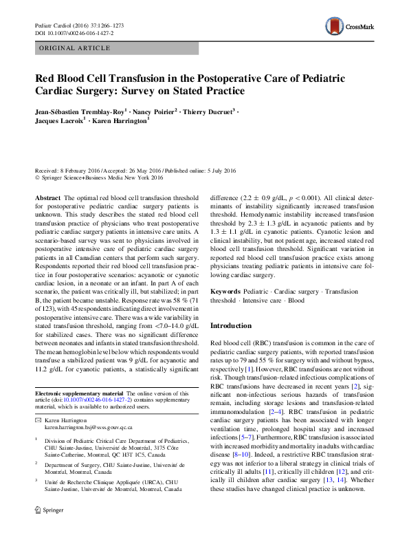 (PDF) Red Blood Cell Transfusion in the Postoperative Care of Pediatric Cardiac Surgery: Survey ...
