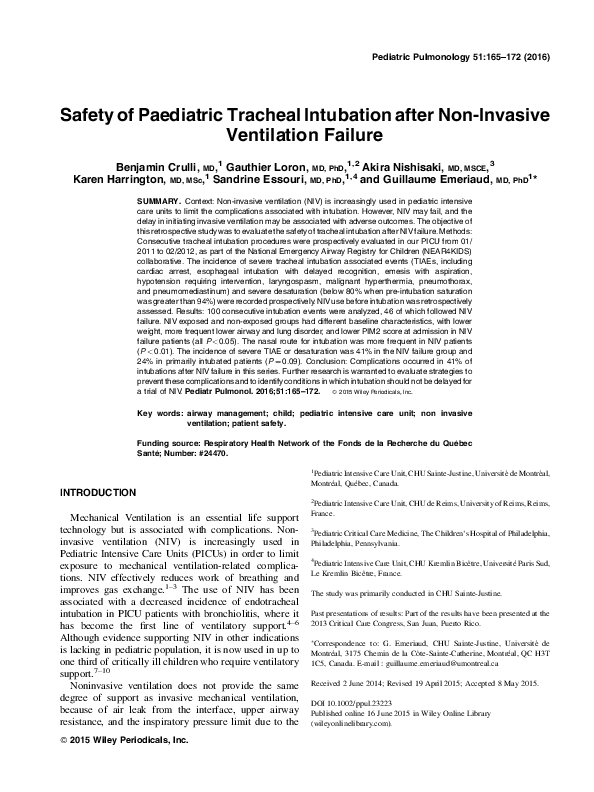 (PDF) Safety of paediatric tracheal intubation after non-invasive ...
