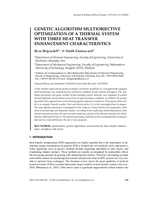 (PDF) Genetic Algorithm Multiobjective Optimization of a Thermal System with Three Heat Transfer ...