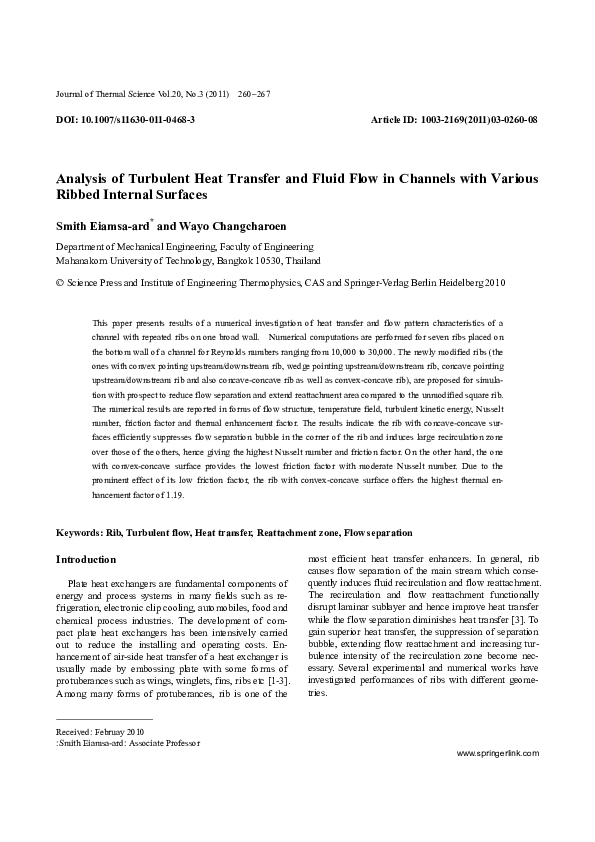 (PDF) Analysis of turbulent heat transfer and fluid flow in channels with various ribbed ...