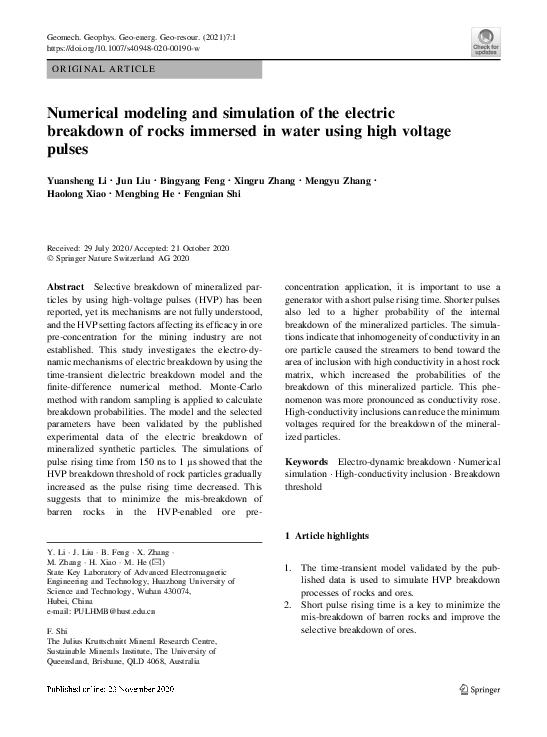 (PDF) Numerical modeling and simulation of the electric breakdown of rocks immersed in water ...