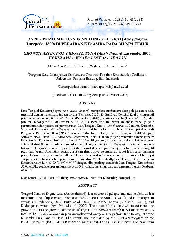 (PDF) GROWTH ASPECT OF FRIGATE TUNA (Auxis thazard Lacepède, 1800) IN ...