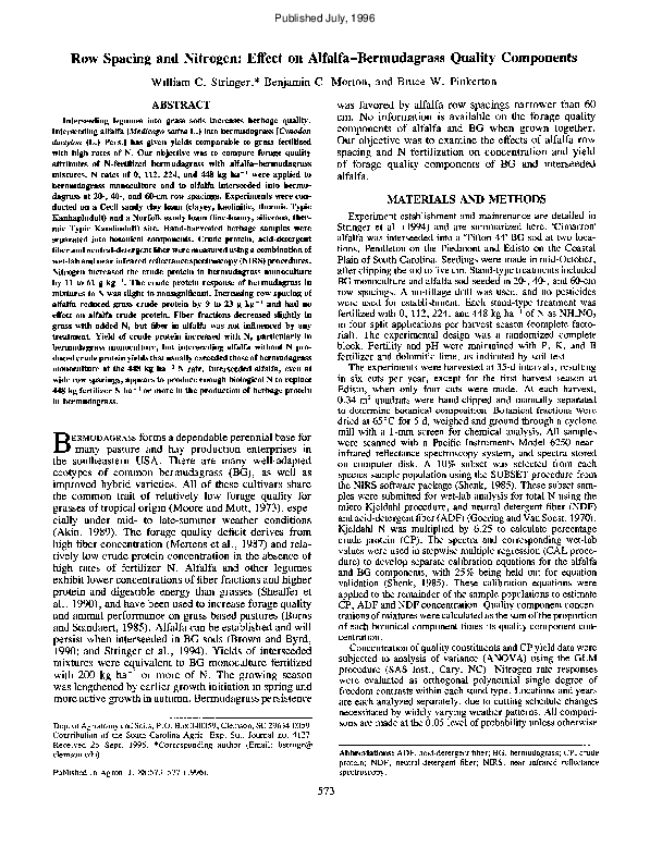 (PDF) Row Spacing and Nitrogen: Effect on Alfalfa‐Bermudagrass Quality Components | William ...