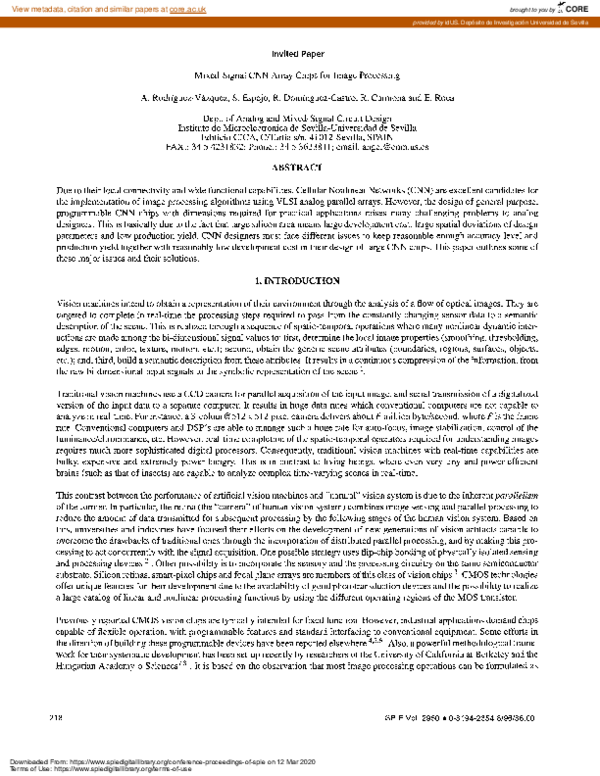 Pdf Mixed Signal Cnn Array Chips For Image Processing