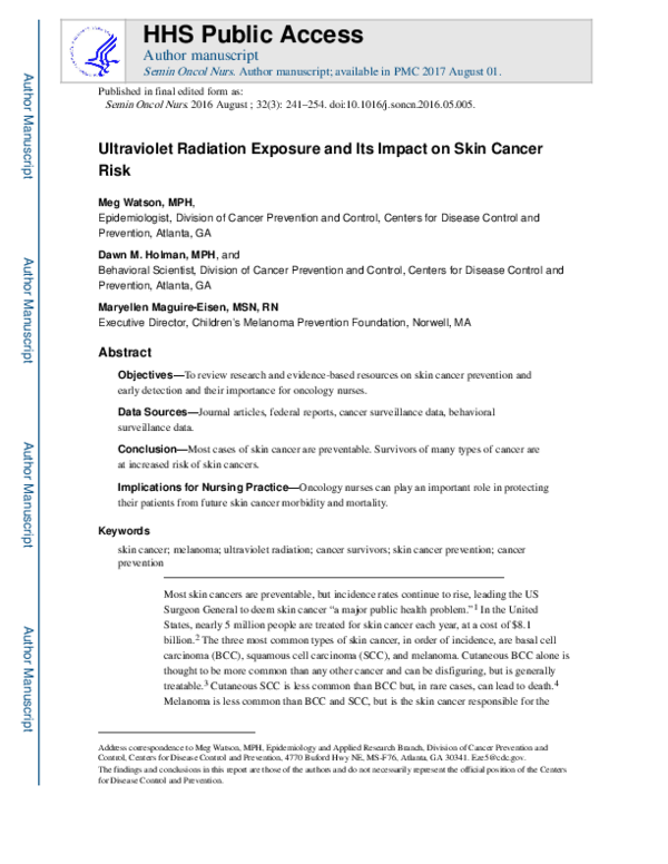 (PDF) Ultraviolet Radiation Exposure and Its Impact on Skin Cancer Risk