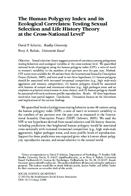 (PDF) The Human Polygyny Index and its Ecological Correlates: Testing ...