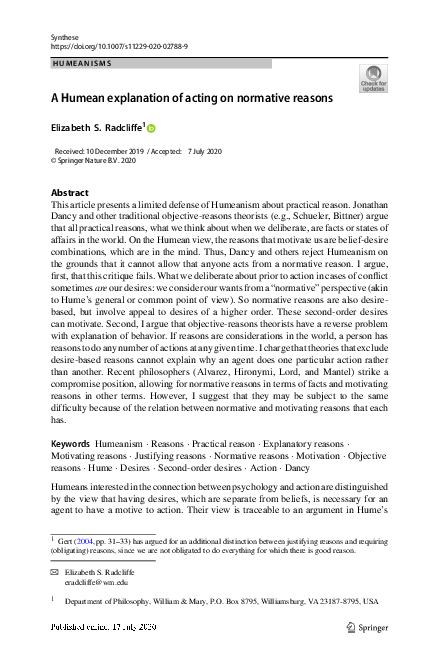 (PDF) A Humean explanation of acting on normative reasons (PDF) A Humean explanation of acting on normative reasons