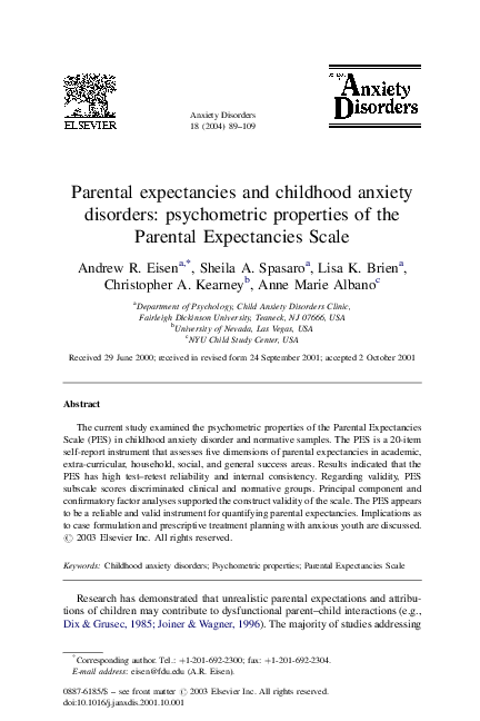 (PDF) Parental expectancies and childhood anxiety disorders ...