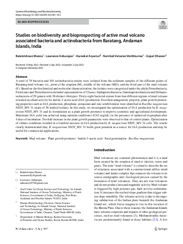 (PDF) Studies on biodiversity and bioprospecting of active mud volcano ...