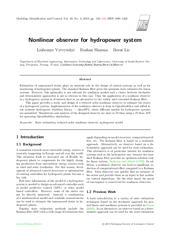 (PDF) Nonlinear observer for hydropower system