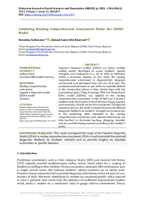 (PDF) Validating Reading Comprehension Assessment Under the GDINA Model