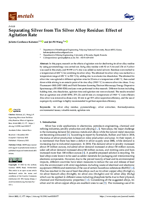 (PDF) Separating Silver from Tin Silver Alloy Residue: Effect of ...