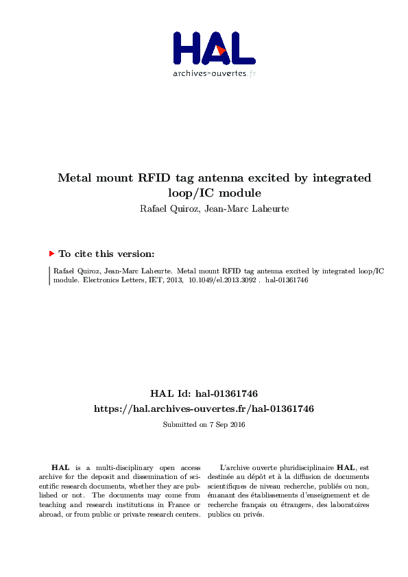 (PDF) Metal mount RFID tag antenna excited by integrated loop/IC module