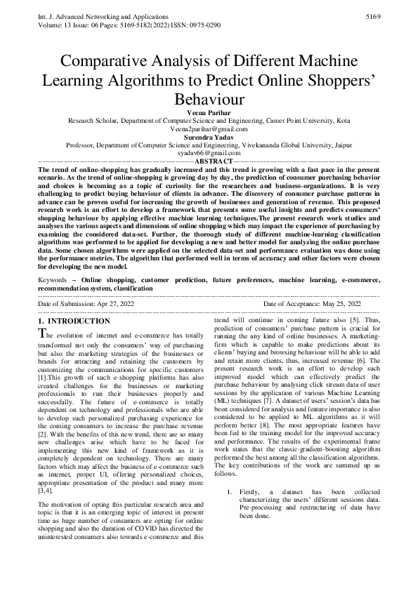 (PDF) Comparative Analysis Of Different Machine Learning Algorithms To Predict Online Shoppers ...