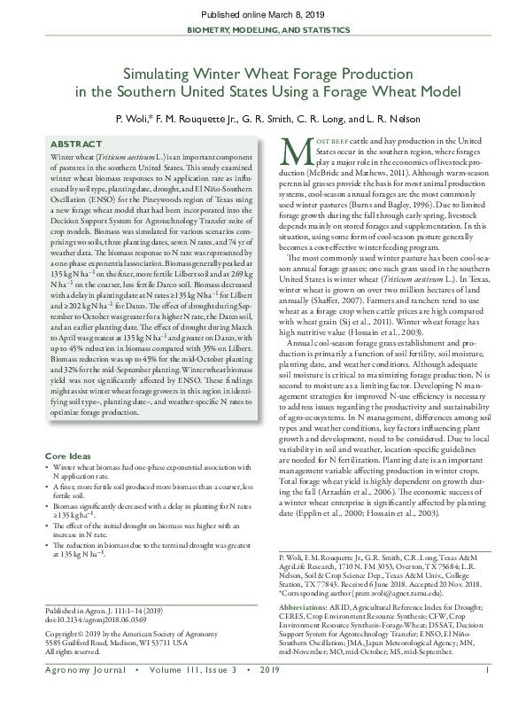 (PDF) Simulating Winter Wheat Forage Production in the Southern United ...
