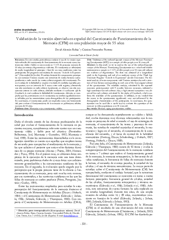 (PDF) Validation of the Reduced Spanish Version of the Memory ...