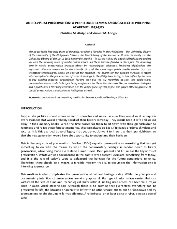 (PDF) Audio‐Visual Preservation: A Perpetual Dilemma Among Selected ...