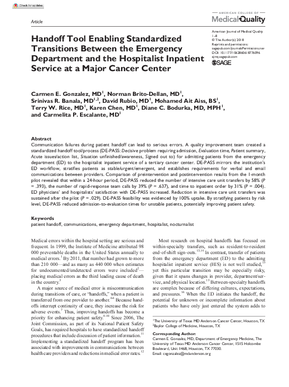 (PDF) Handoff Tool Enabling Standardized Transitions Between the ...