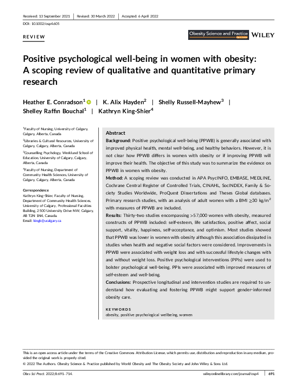 (PDF) Positive psychological well‐being in women with obesity: A ...