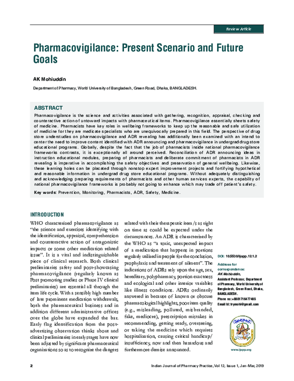 (PDF) Pharmacovigilance: Present Scenario and Future Goals