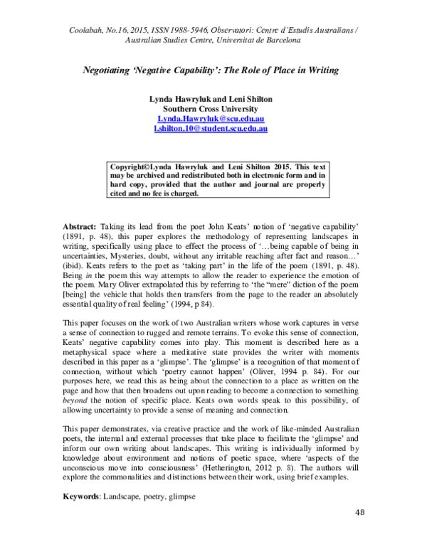(PDF) Negotiating ‘Negative Capability’: The Role of Place in Writing