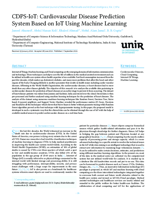 Pdf Cdps Iot Cardiovascular Disease Prediction System Based On Iot