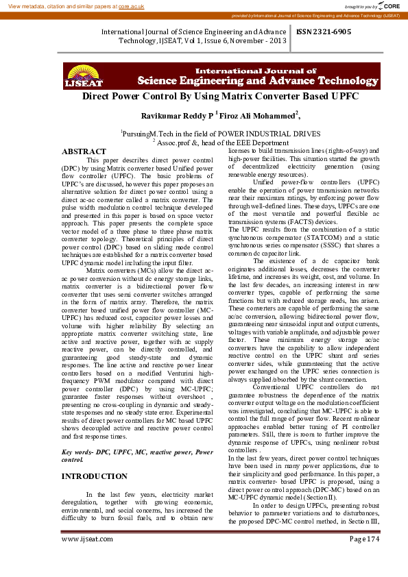 Pdf Direct Power Control By Using Matrix Converter Based Upfc Dr