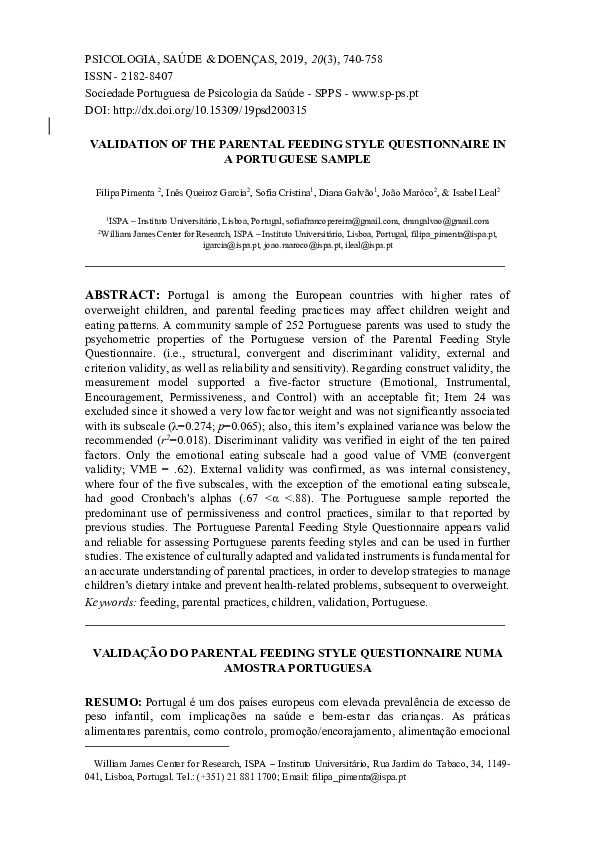 (PDF) Validation of the Parental Feeding Style Questionnaire in a Portuguese Sample