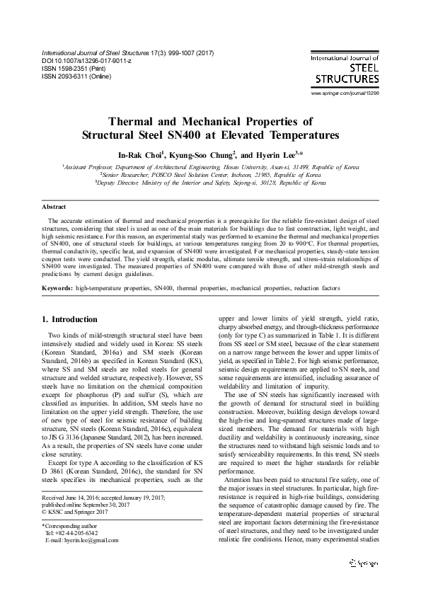 (PDF) Thermal and mechanical properties of structural steel SN400 at elevated temperatures