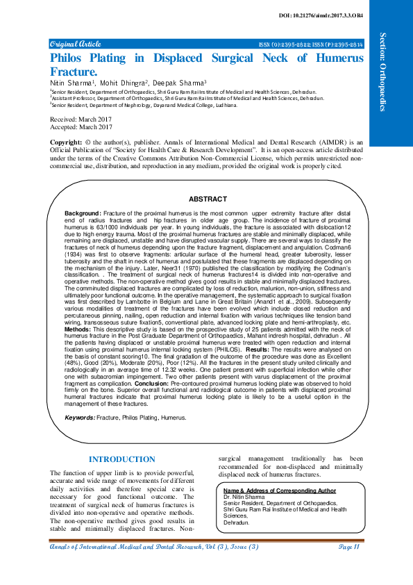 (PDF) Philos Plating in Displaced Surgical Neck of Humerus Fracture