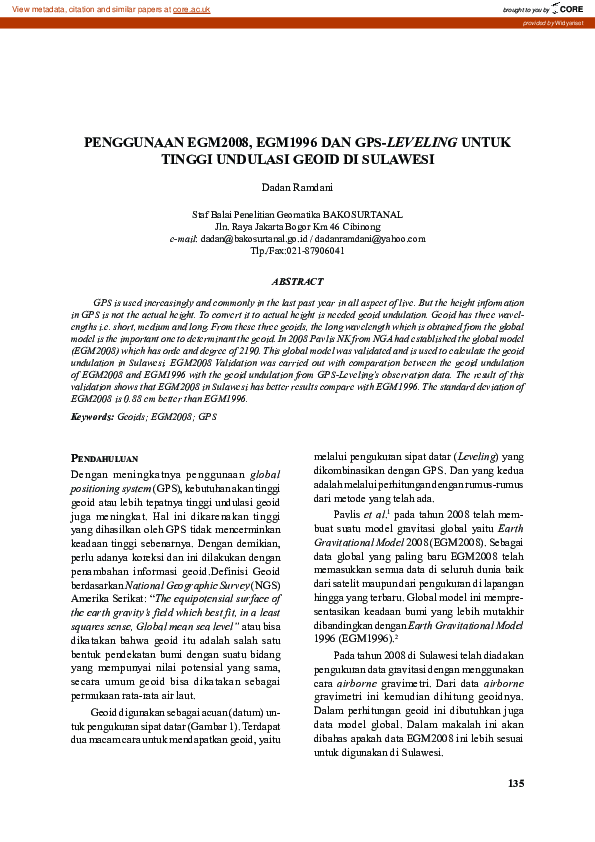 (PDF) Penggunaan EGM2008, EGM1996 Dan GPS-Leveling Untuk Tinggi ...