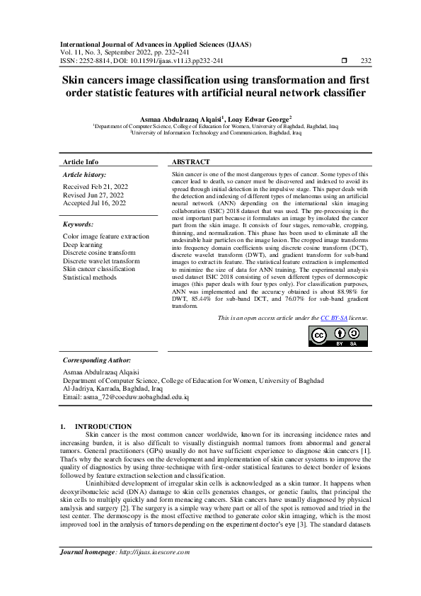 (PDF) Skin cancers image classification using transformation and first ...