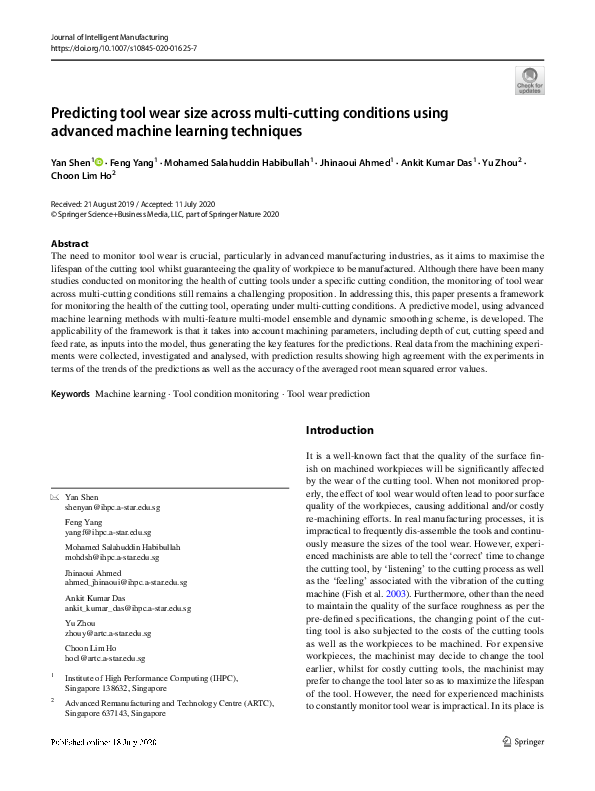 (PDF) Predicting tool wear size across multi-cutting conditions using advanced machine learning ...